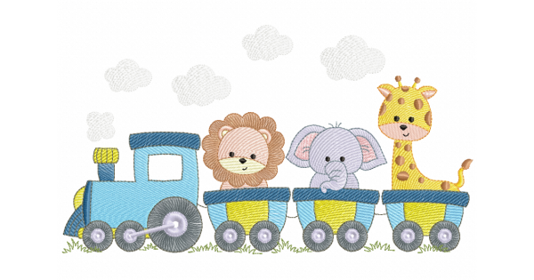 Animals Train Embroidery Design 6x10 (PES, DST) Instant Download